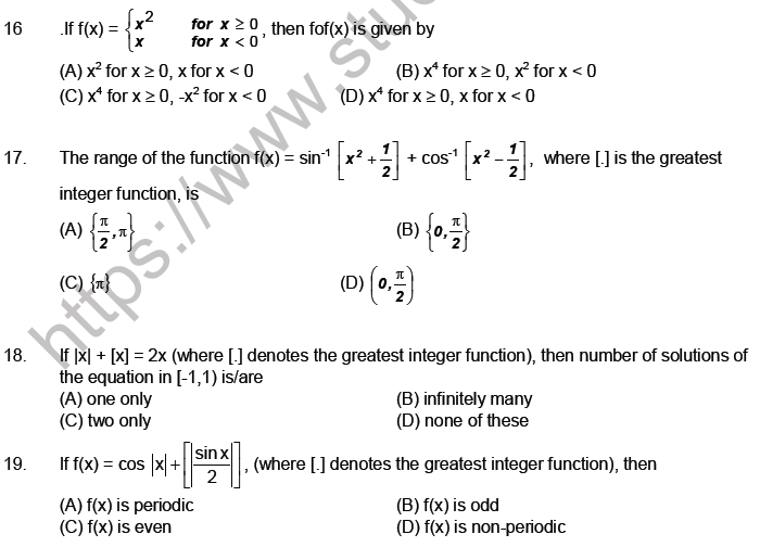 Jee Mathematics Relation And Functions Mcqs Set B With Answers